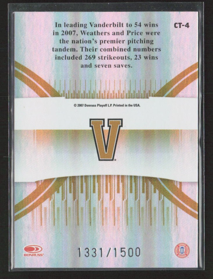 2007 Donruss Elite #CT-4 David Price Casey Weathers College Ties 1331/ ...