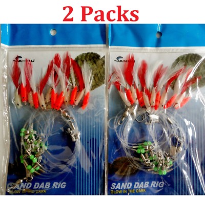 2 Packs Sand Dab Rig 12 Hooks Sabiki Fish Lures Squid W /Red Feathers ...