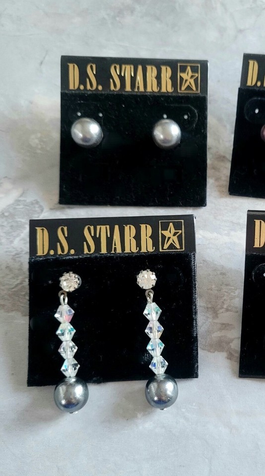 LOT 4 Earrings Vtg Round Pearl Studs Lovely Colors & Rhinestone Crystal ...