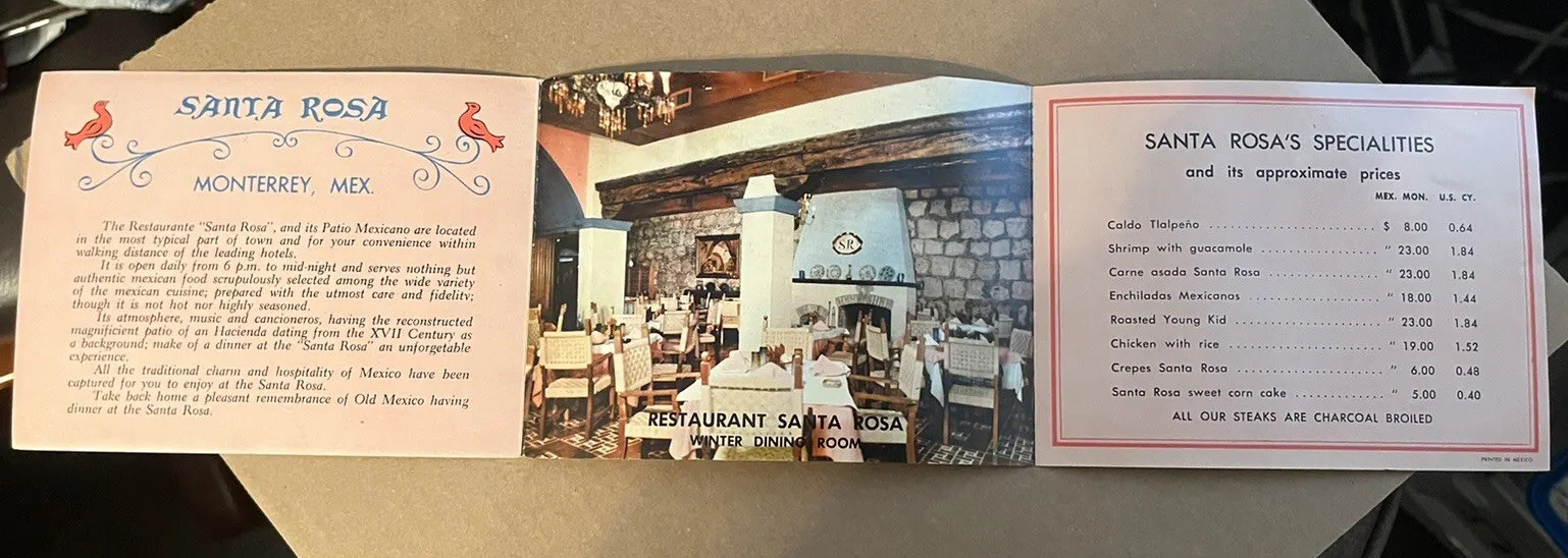 Vintage Restaurant Menu Santa Rosa Monterrey Mexico tri fold with ...