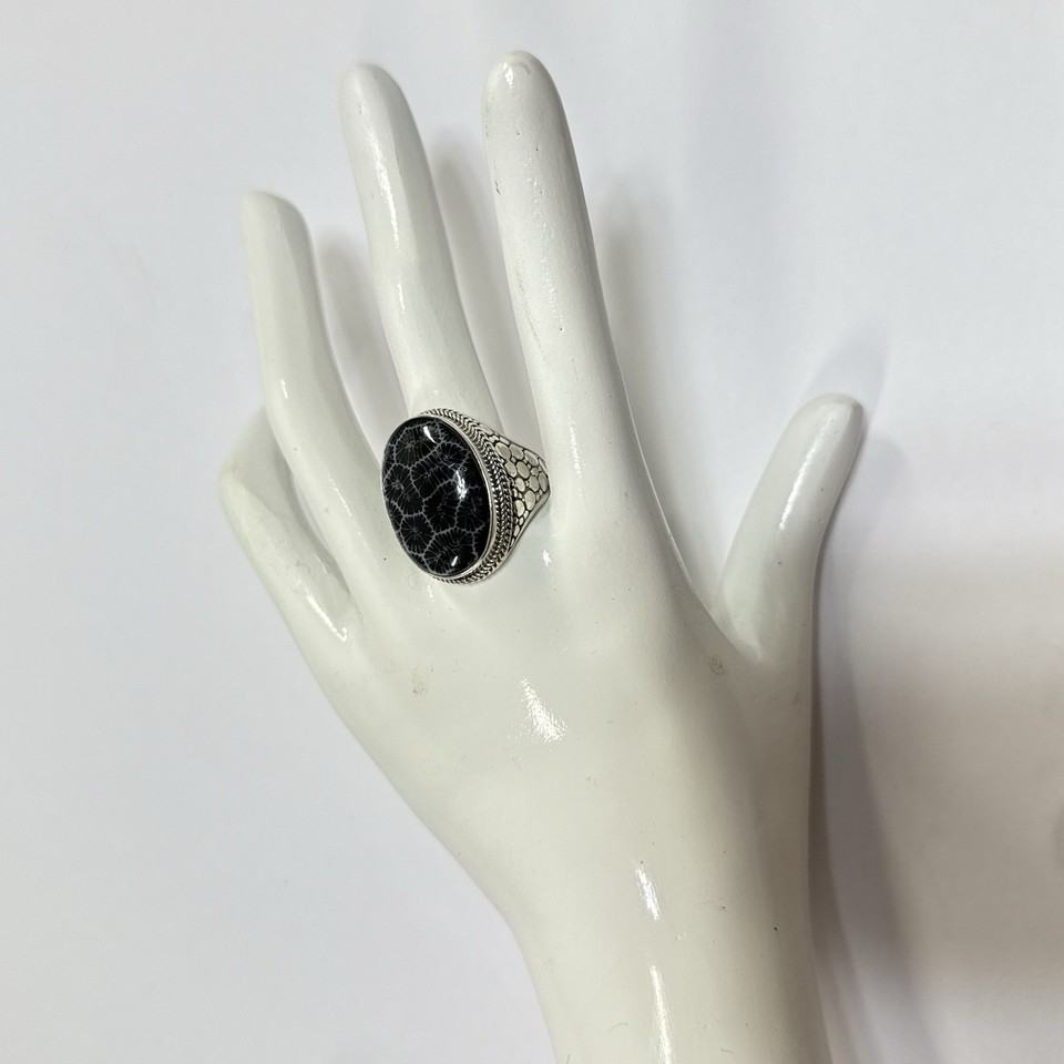 Sarda Ring Artisan Black Coral Sterling Silver Cabochon 925 Size 9.75 ...
