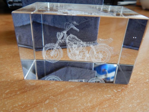 MOTORCYCLE 3-D LASER ETCHED IN GLASS MAYFLOWER GLASS UNIQUE 3" X 2 ...