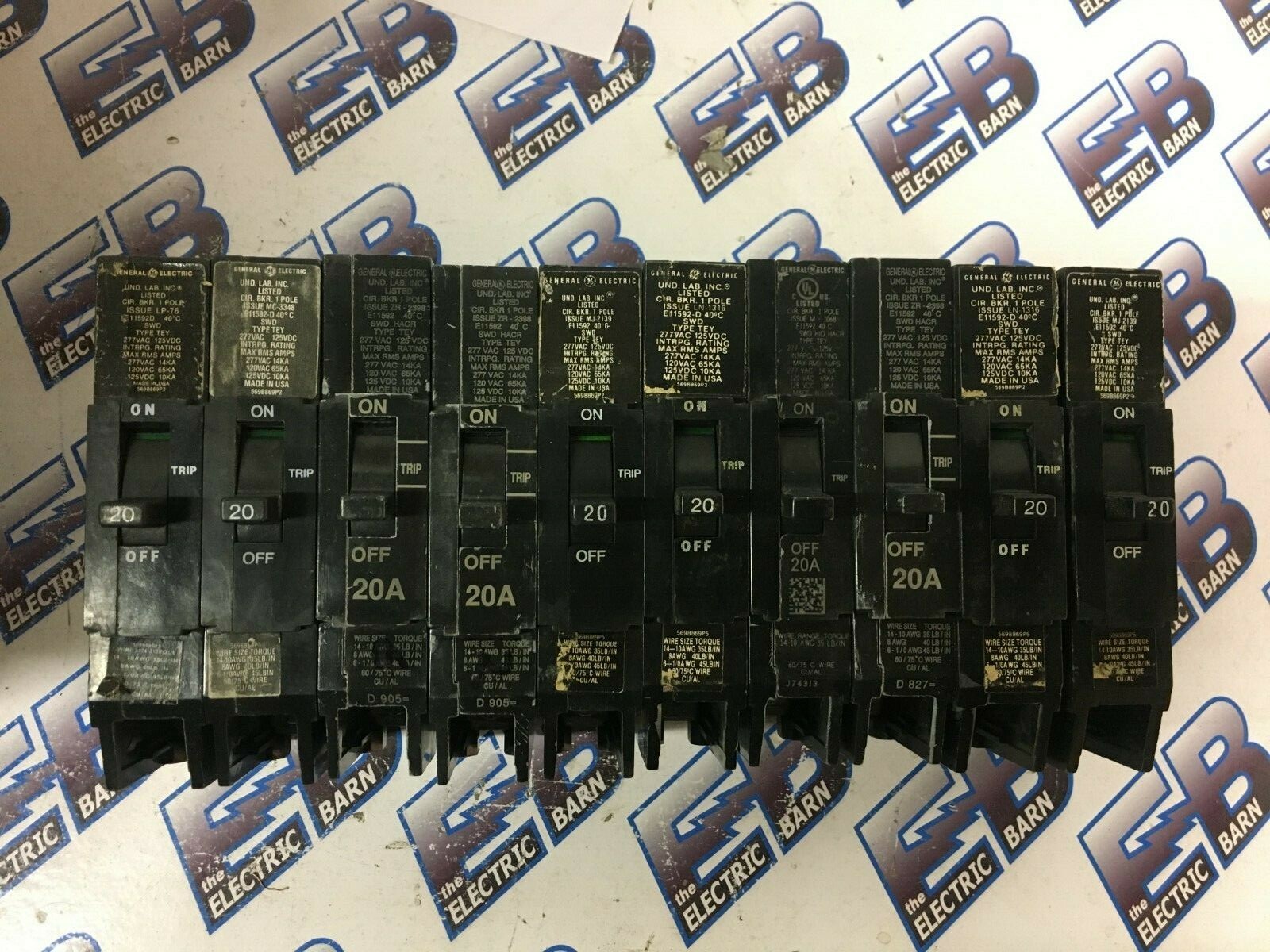 GE TEY120, (1) LOT OF (10) 20 Amp, 277V, 1P, Bolt On, Circuit Breaker ...