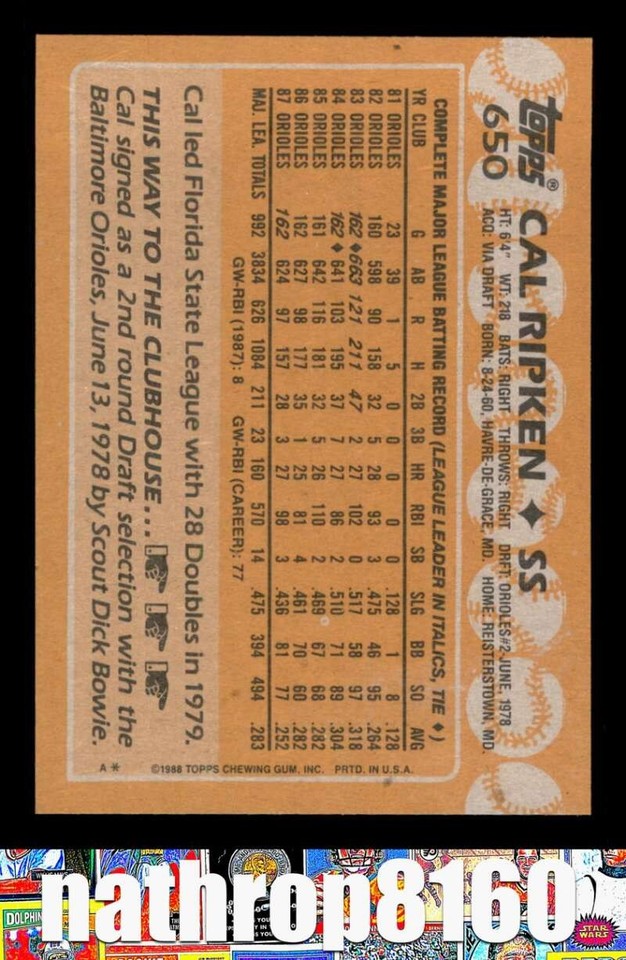 1988 Topps #650 Cal Ripken Jr. HOF Baseball NM/NM+ Baltimore Orioles ...