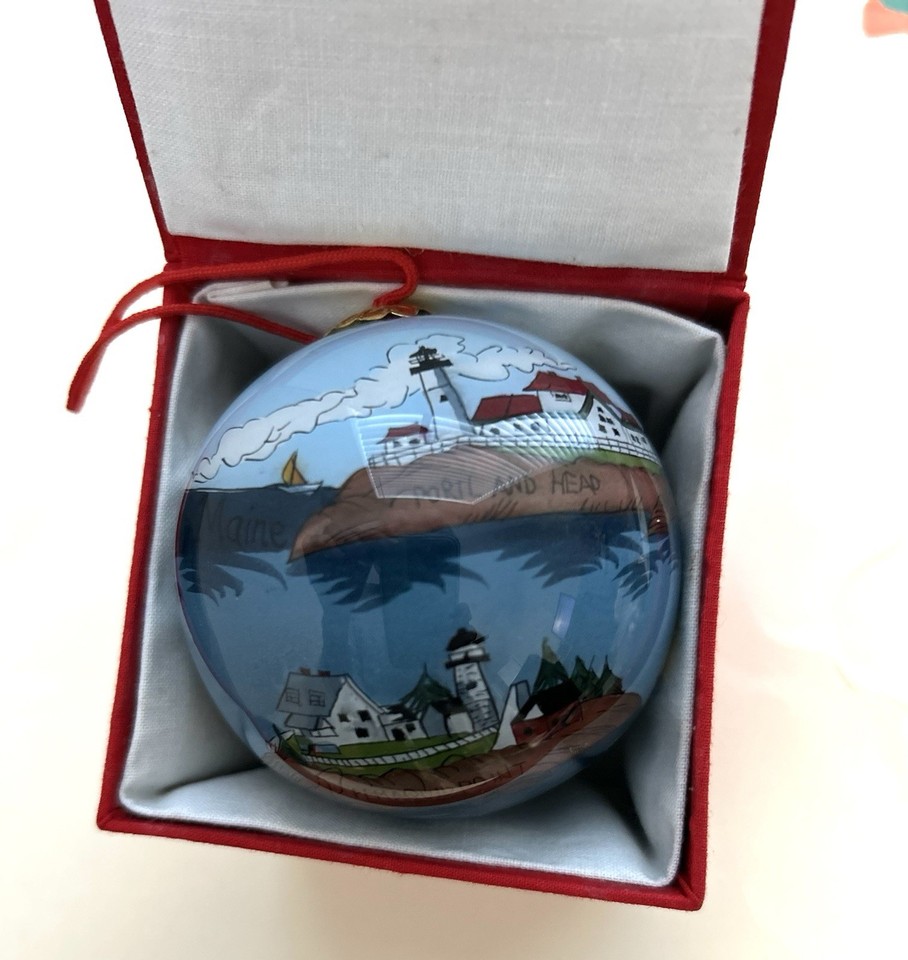 Maine LIGHTHOUSES Hand painted Blown GLASS CHRISTMAS ORNAMENT In Gift ...