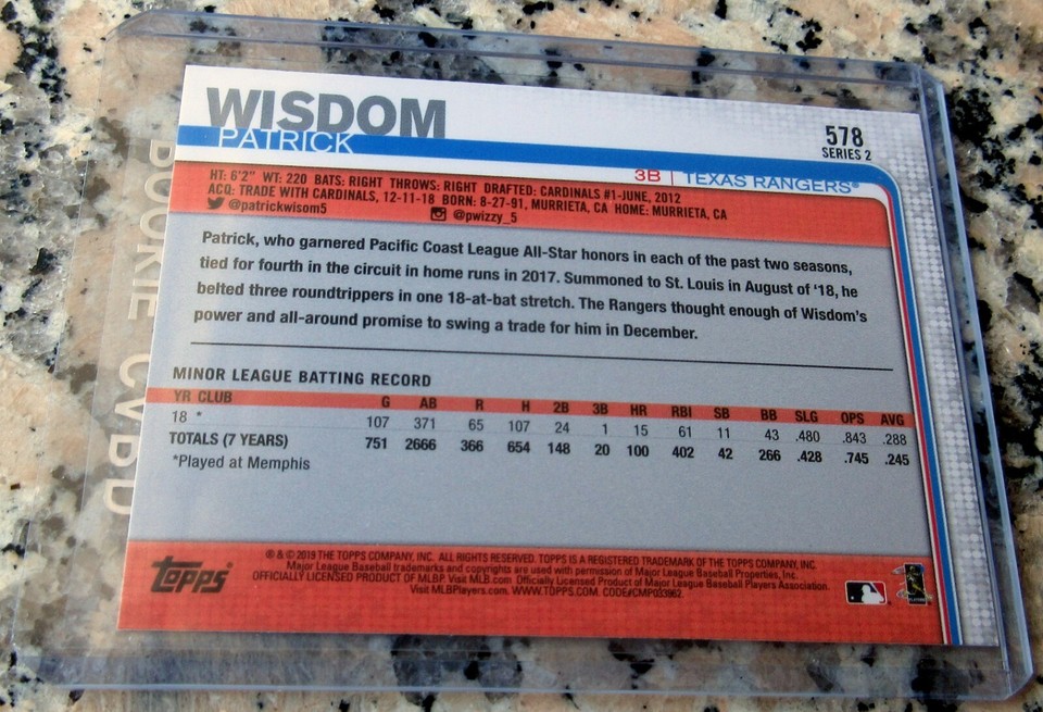 PATRICK WISDOM 2019 Topps #1 Draft Pick Rookie Card RC Logo KIa Tigers ...