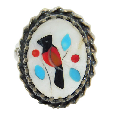 Unsigned 925 Sterling Silver Inlaid Stone Cardinal Bird Ring SZ 6 | eBay