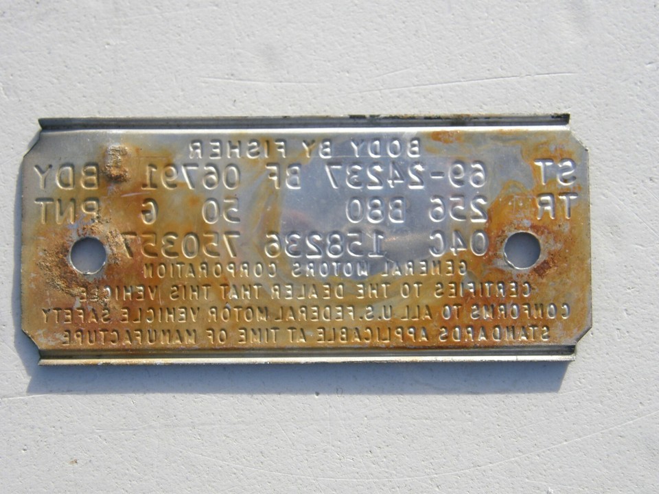 1969 Pontiac GTO Body by Fisher Cowl Tag Plate Original Cameo White ...