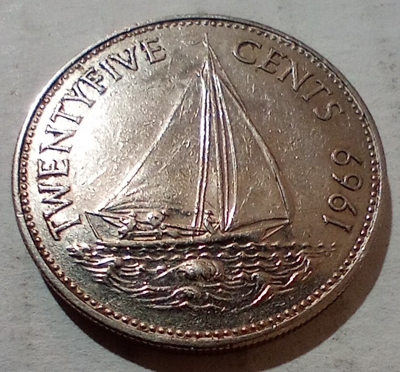 1969 Quarter Bahamas Islands 25 Cent Coin Sailboat Queen Elizabeth II ...