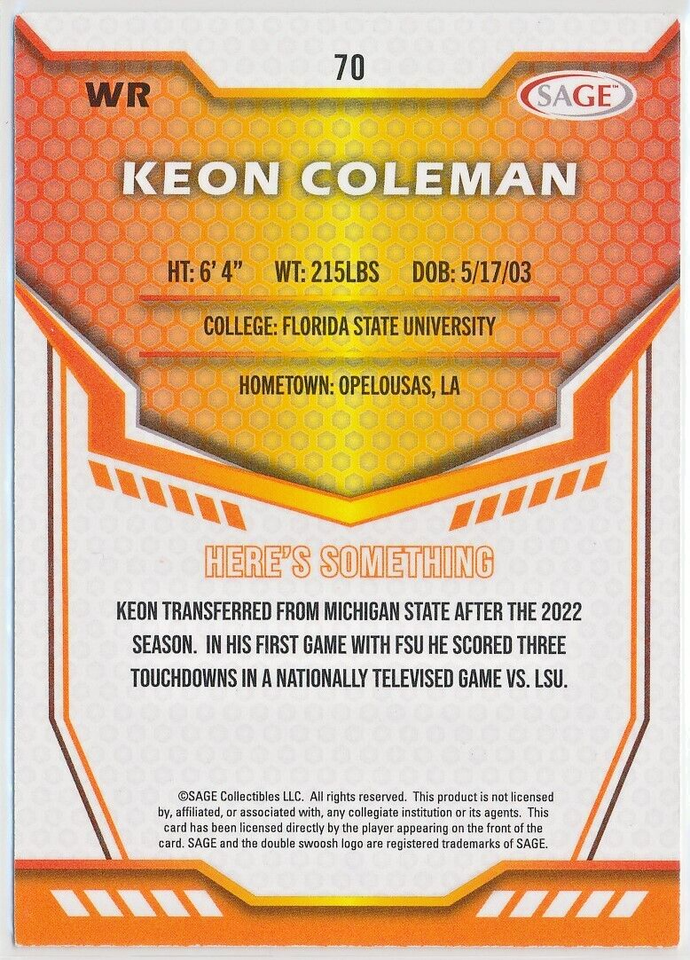 2024 SAGE Football - Keon Coleman - Florida State Seminoles - SILVER ...