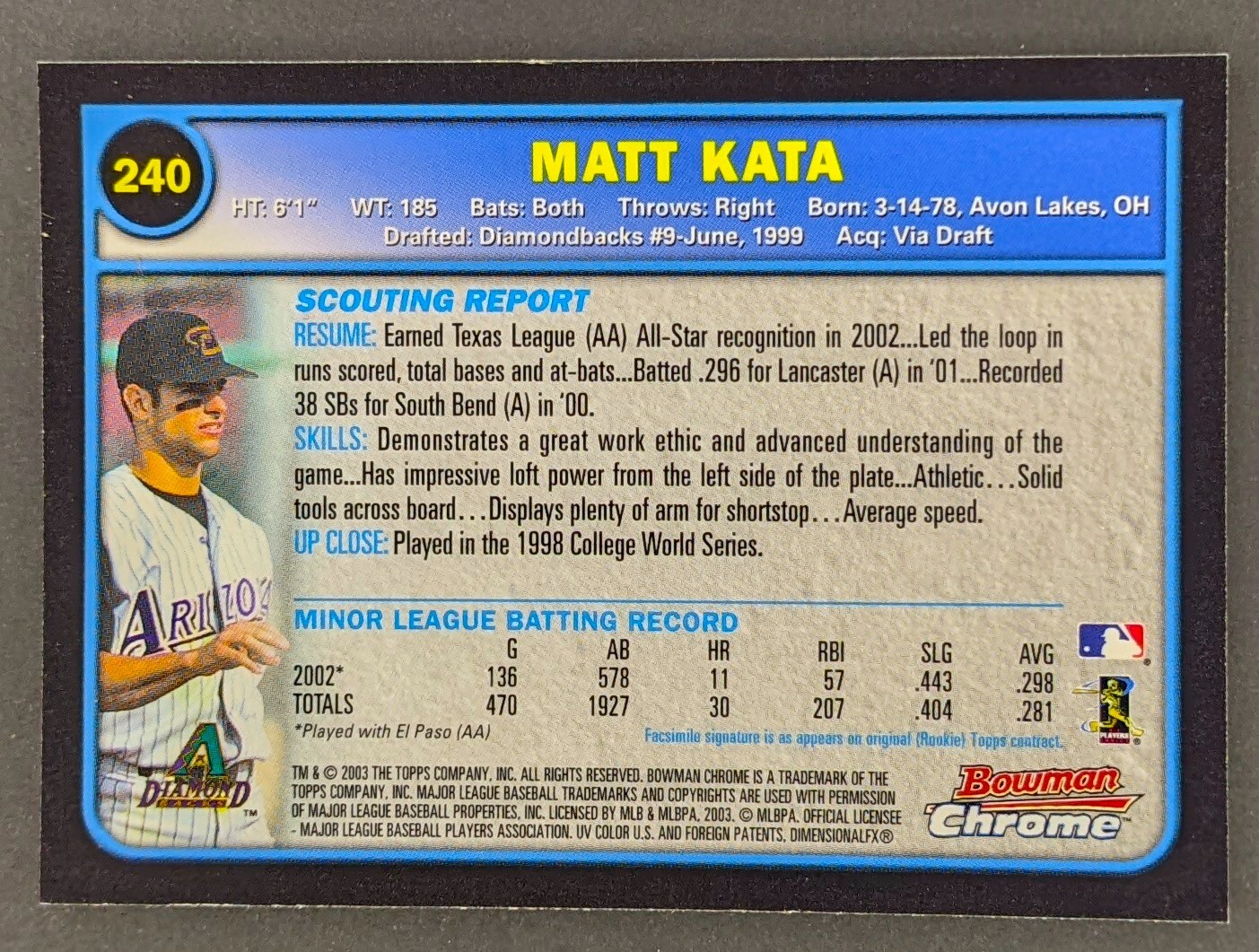 MATT KATA 2003 BOWMAN CHROME #240 1ST YEAR CARD ROOKIE RC ARIZONA ...