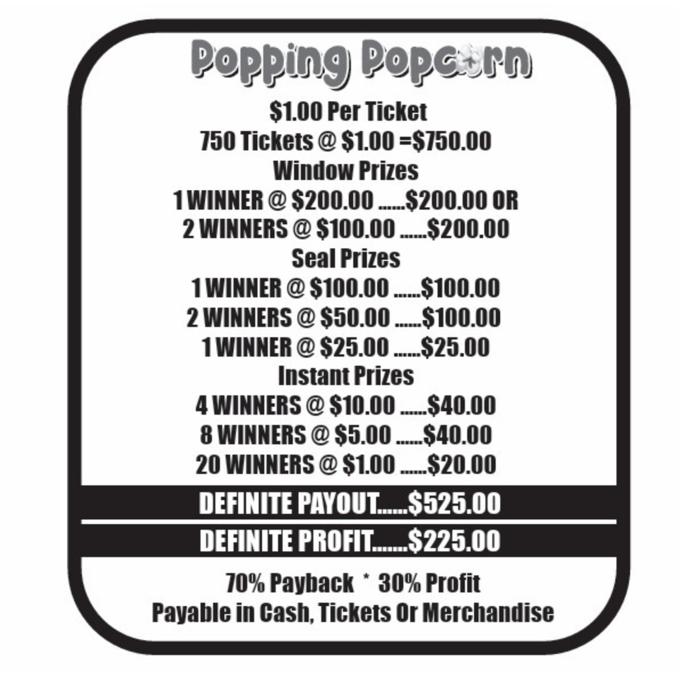 POPPING POPCORN 1 POINT/225P 750 PULL TABS HARD CARD TICKETS WINDOWS ...