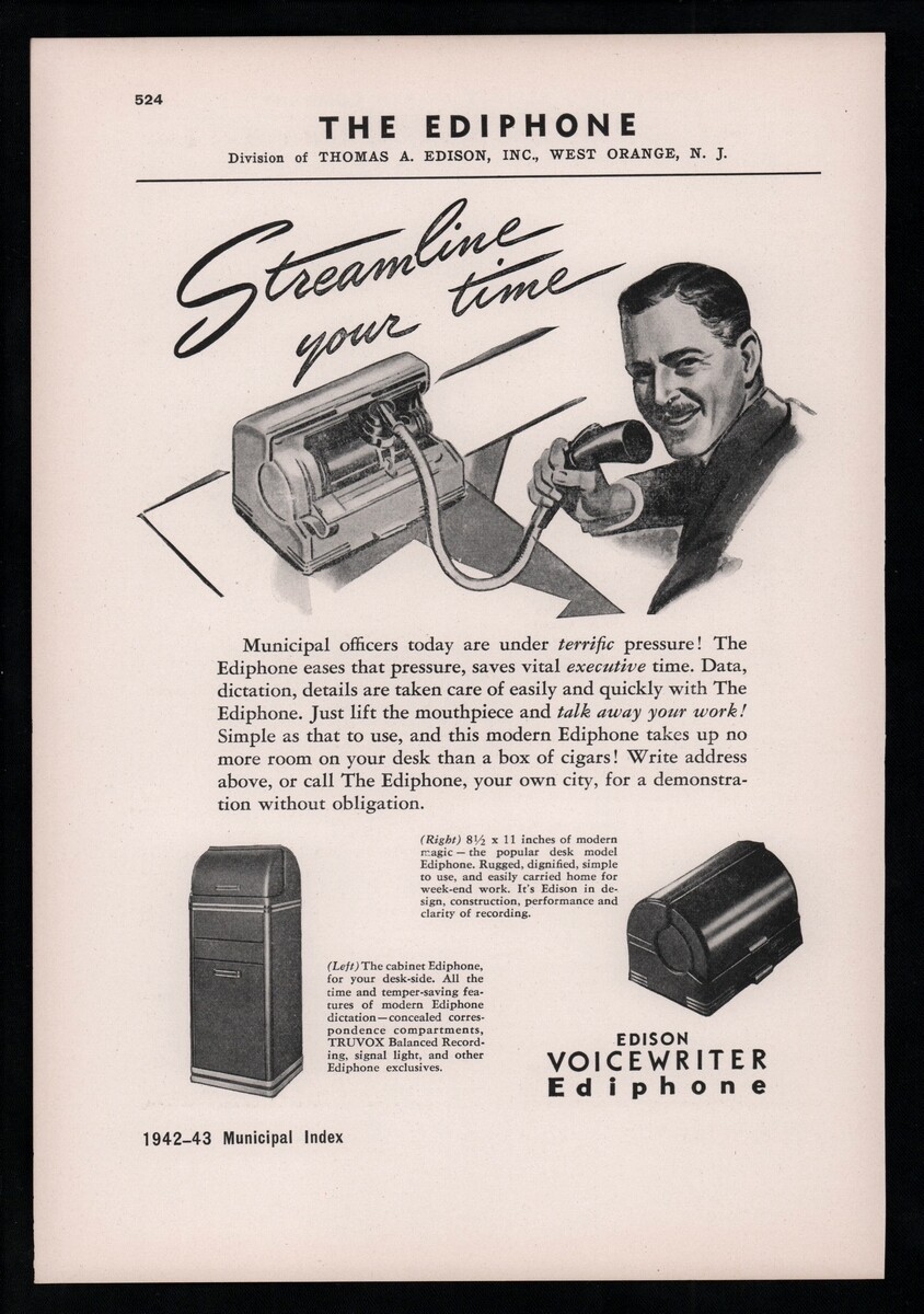 1942 Ediphone-Div of Thomas Edison Dictation recorder Orange NJ Vintage ...