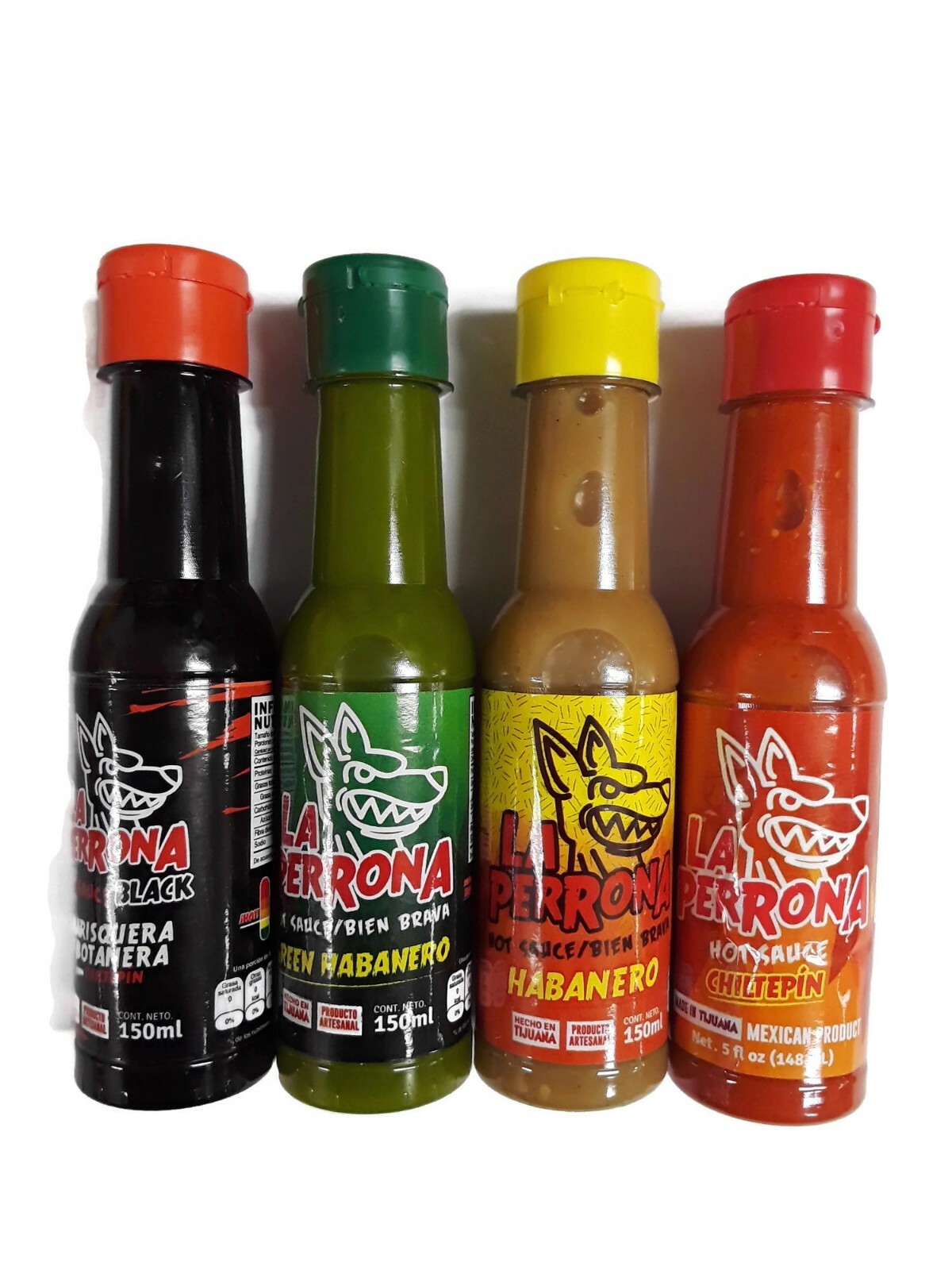 La Perrona Artesanal Hot Sauce Habanero Red-Green-Chiltepin-Black Set 4 ...