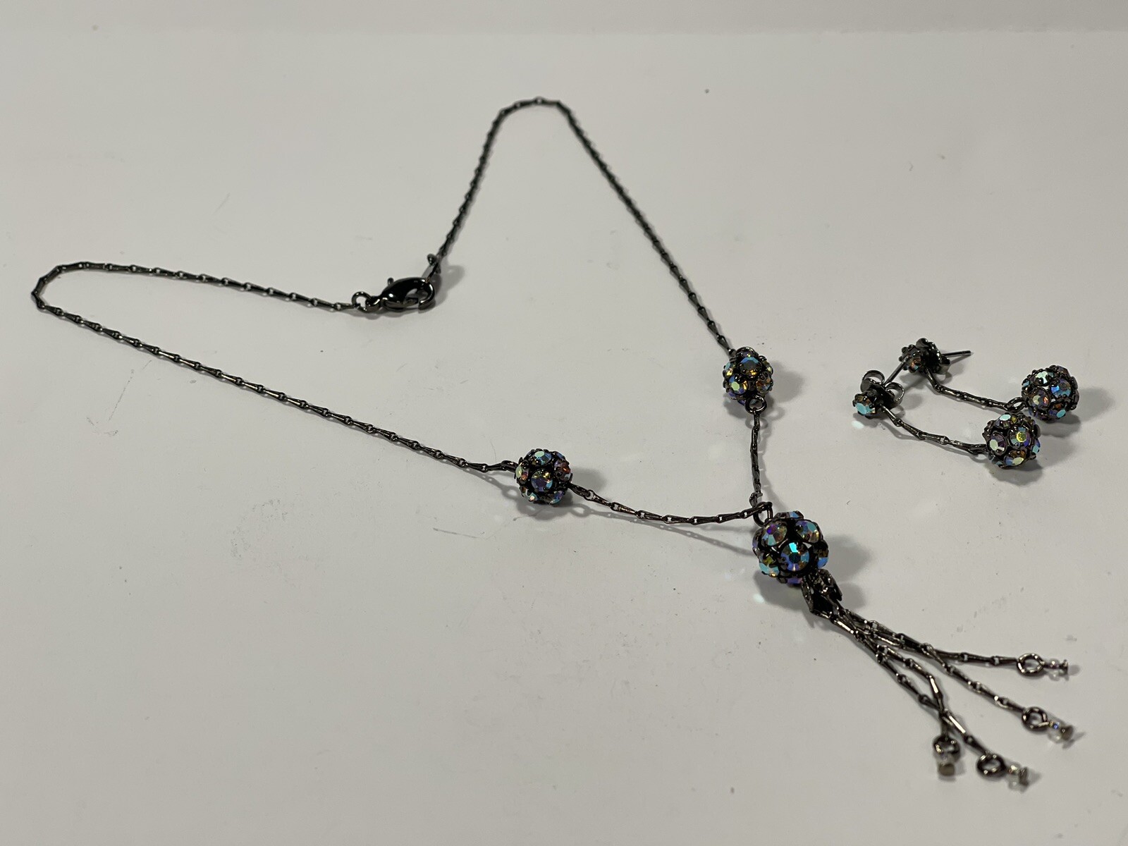 Vintage Y Drop Iridescent Rhinestone Disco Ball Necklace and Earring ...