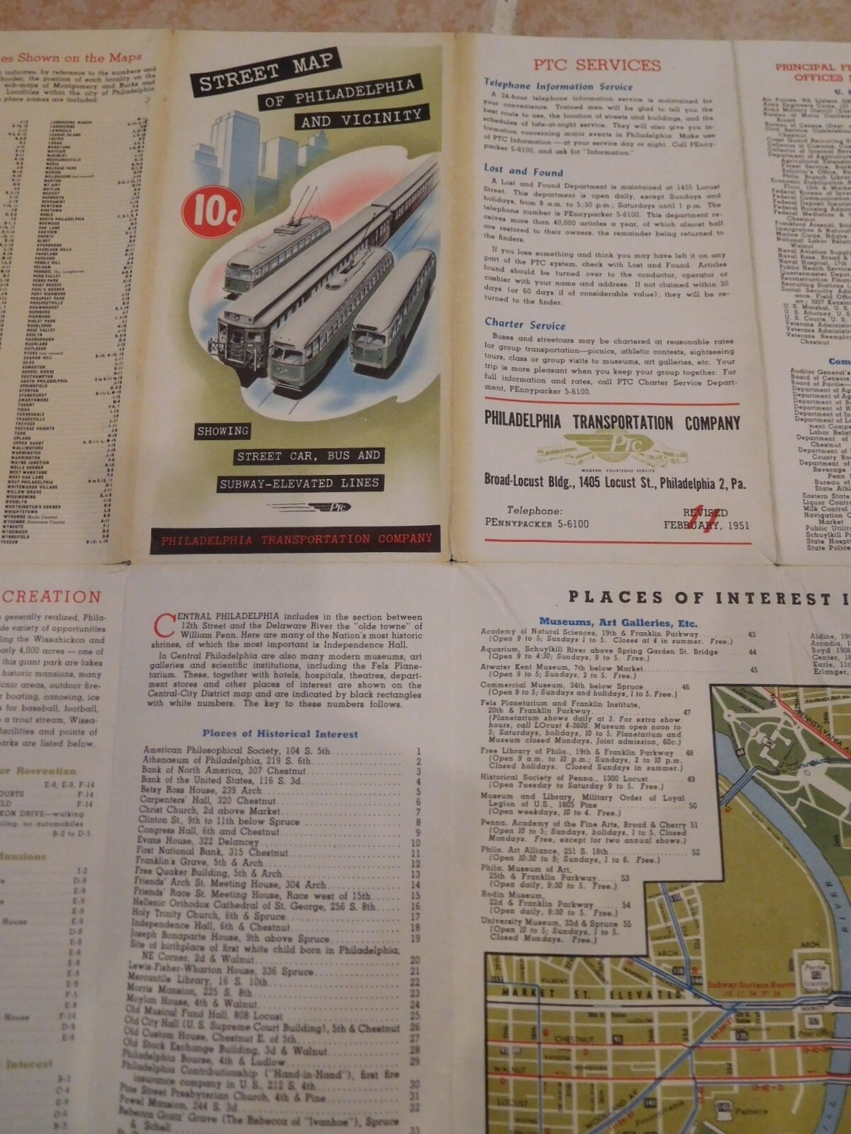Map PTC Map of Philadelphia #11 1951 Showing Street Car Bus and Subway ...