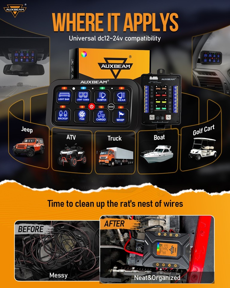 AUXBEAM RB80 8 Gang RGB Switch Panel Toggle Momentary Pulsed For ...