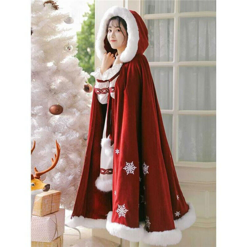 Lady Hooded Cloak Cape Jacket Faux Fur Edge Snowflake Christmas Poncho Warm Cute | eBay