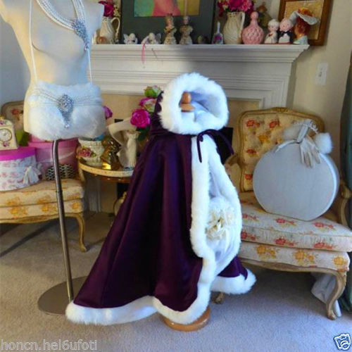 Bridal Winter Wedding Cloak Cape Hooded with Fur Trim Long Flower Girl ...