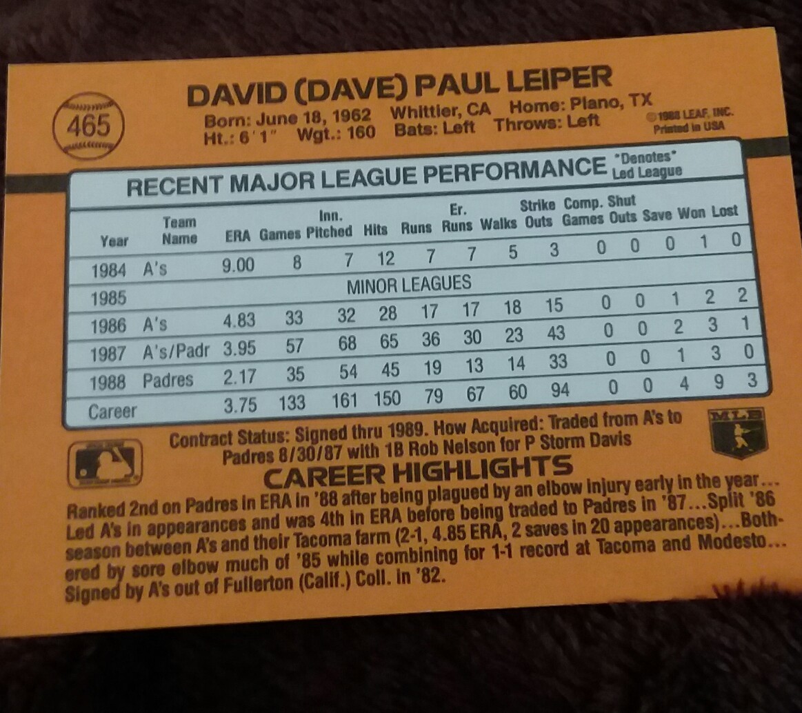 1989 Donruss #465 Dave Leiper San Diego Padres Baseball Card | eBay