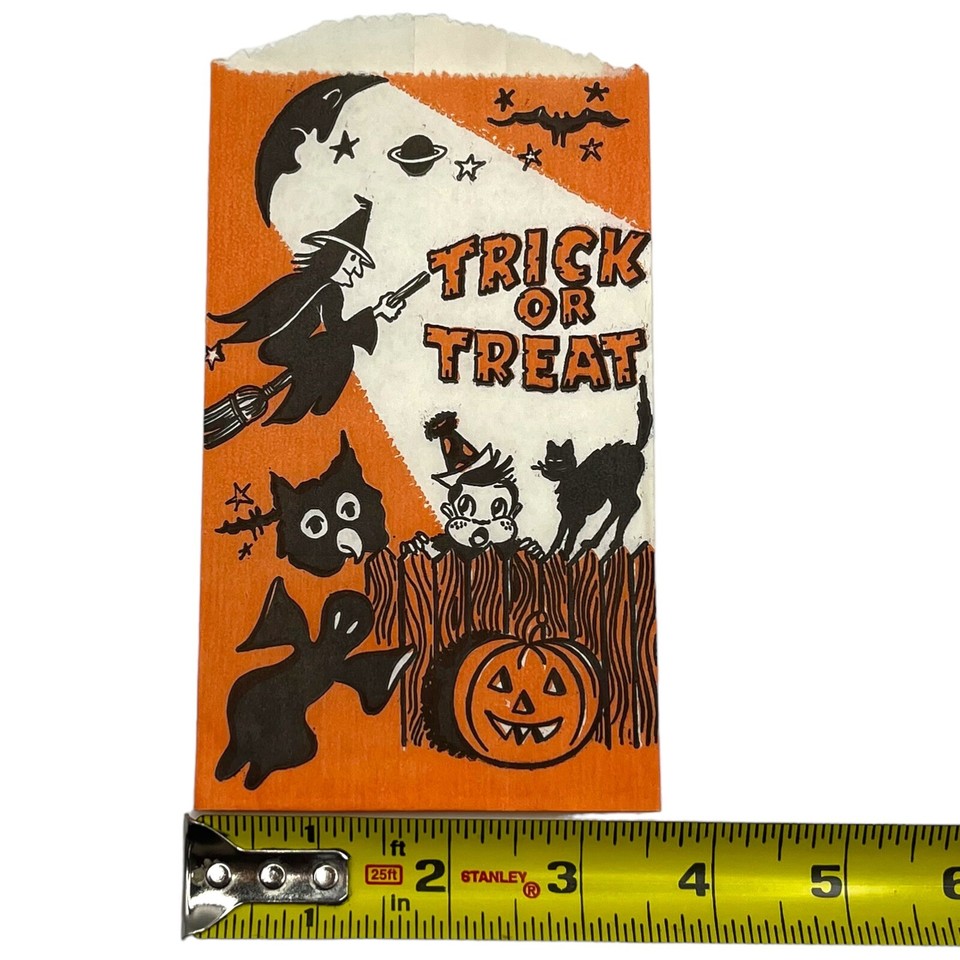 Vintage Halloween Trick or Treat Paper Candy Bag Witch Cat Bat Owl Moon ...
