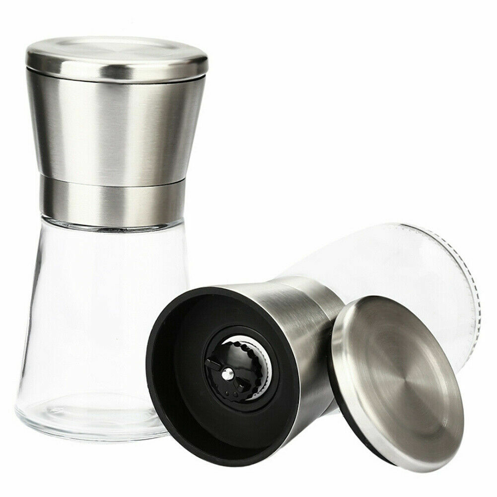 2PCS Salt Grinder Set Stainless Steel Glass Shaker Adjustable Mill ...