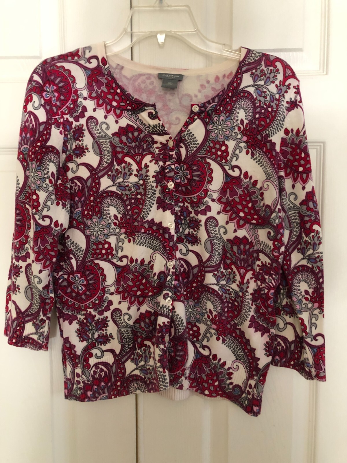 Ann Taylor Petite Size MP Floral Pink Red Gray Cardigan Sweater Cotton ...
