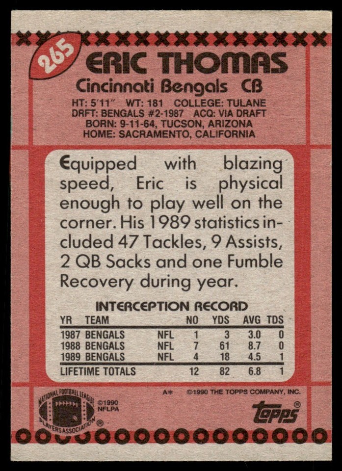 1990 Topps #265 Eric Thomas Cincinnati Bengals | eBay