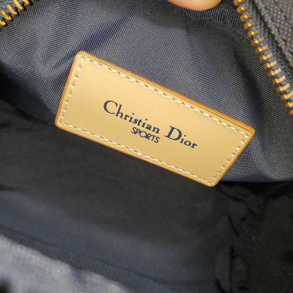 CHRISTIAN DIOR Nylon Leather Mini Handbag Navy Beige Gold Logo Plate ...