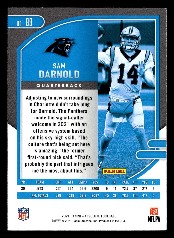 Sam Darnold 2021 Panini Absolute #89 Carolina Panthers BUY2GET1FREE | eBay