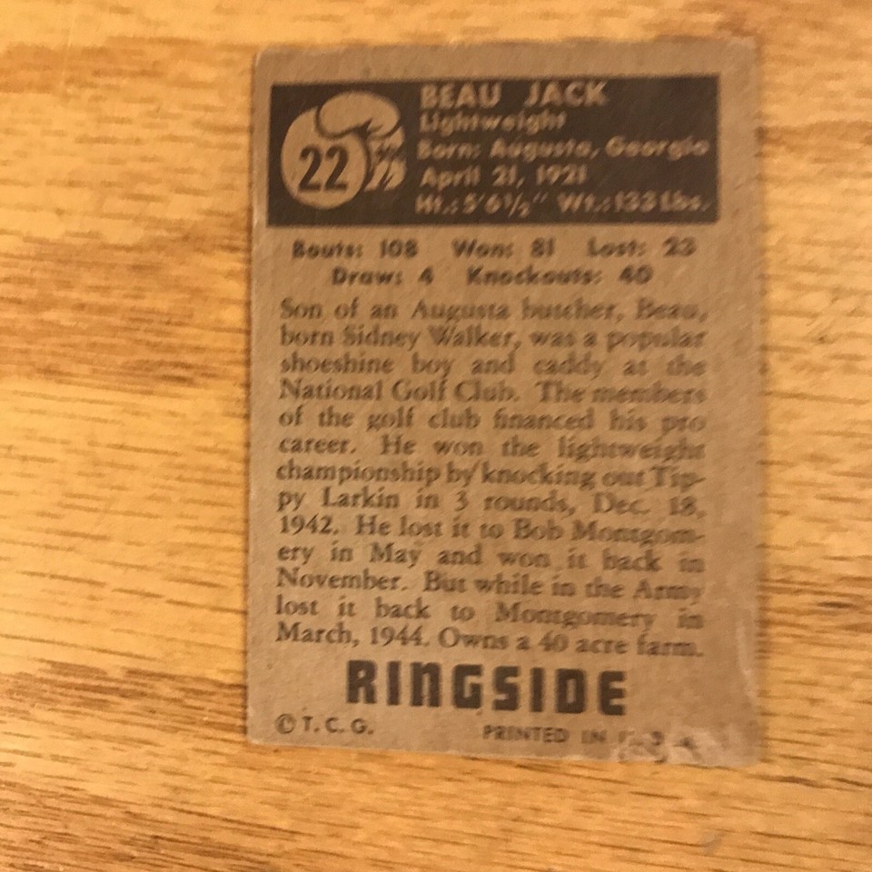 Vintage 1951 RINGSIDE Boxing Card TOPPS #22 Beau Jack Lightweight ...