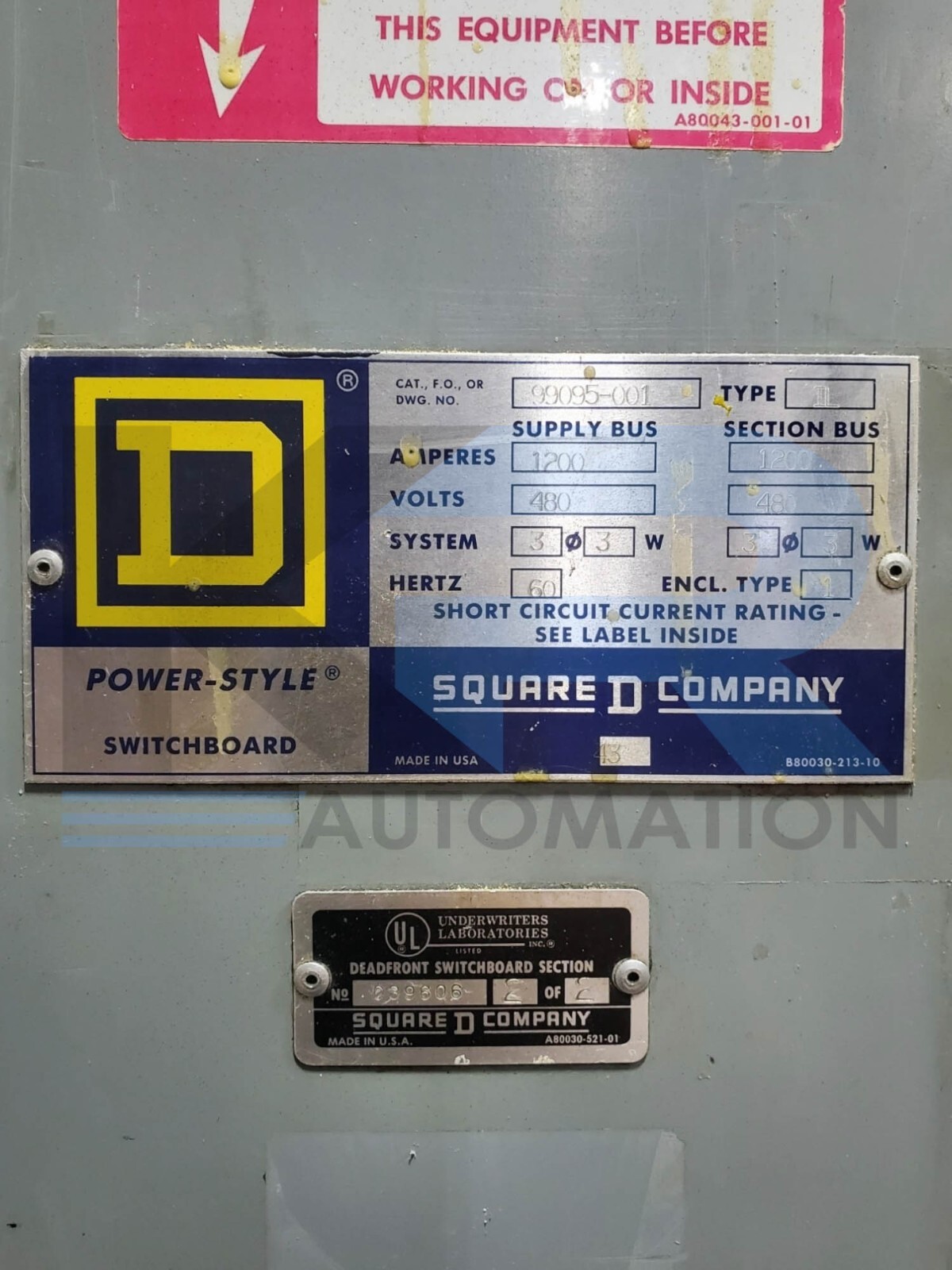 Square D Power Style Switchboard 480V 1200A 3Ph 3W W/ I-Line ...