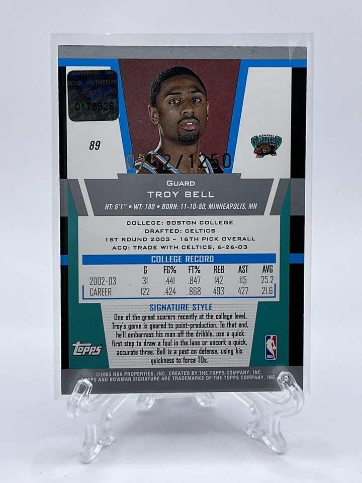 2003 Topps Bowman Signatures Auto Patch 0752/1250 Troy Bell Memphis ...