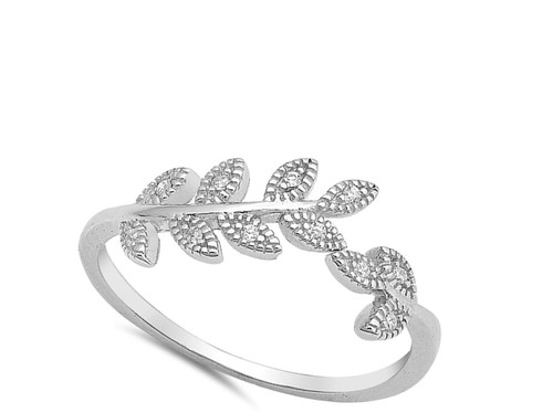 Leaf Vine Branch White CZ Polished Ring New .925 Sterling Silver Band ...