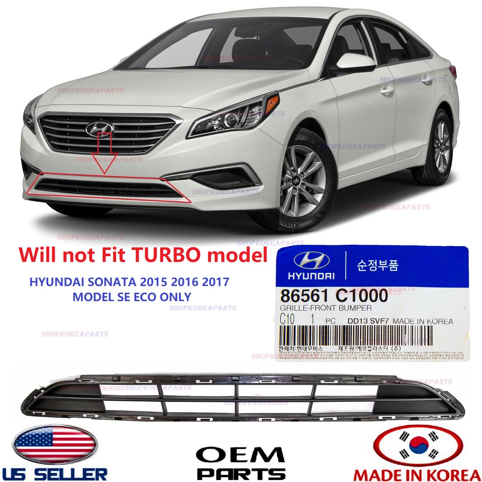 GRILLE LOWER RADIATOR CENTER GENUINE! HYUNDAI SONATA SE ECO 2015-2017 ...