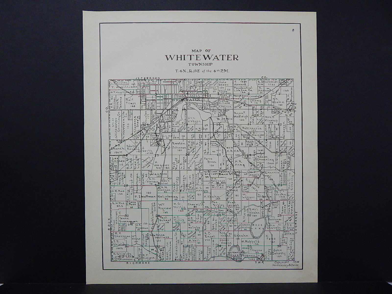 Wisconsin, Walworth County Plat Map 1936 Whitewater Township L21#05 | eBay
