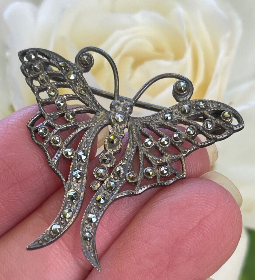 Vintage Sterling Silver 925 Marcasite Butterfly moth brooch pin jewelry ...