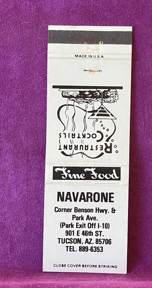 Matchbook Cover Navarone Restaurant Tucson Arizona | eBay