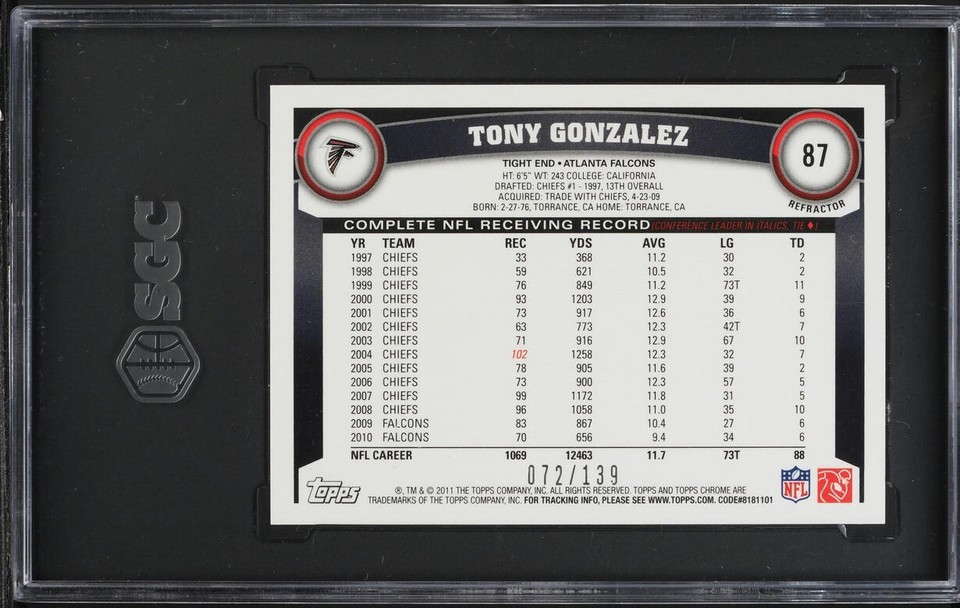 2011 Topps Chrome Crystal Atomic Refractor Tony Gonzalez /139 #87 SGC ...