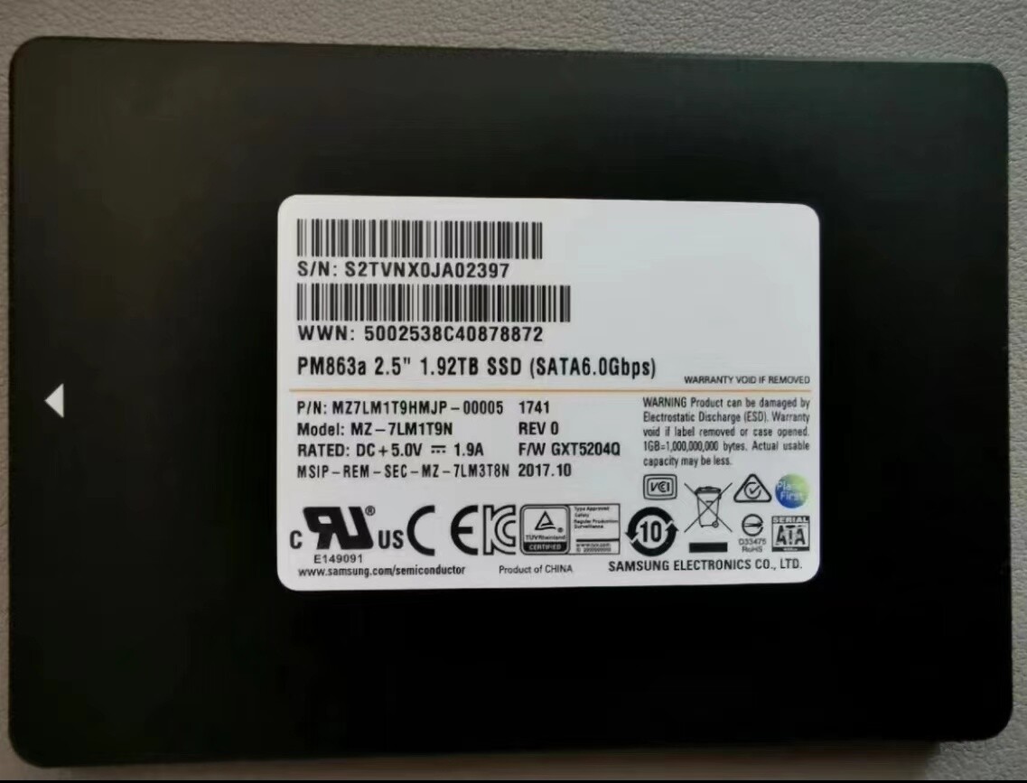 Samsung PM863a 1.92TB SSD MZ-7LM1T9N SATA III MZ7LM1T9HMJP-00005 1920GB ...