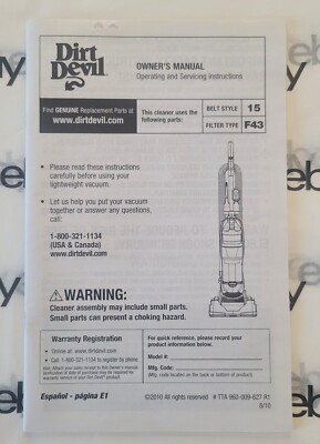 Dirt Devil Owners Manual 2010 Upright S/English #960-009-627 R1 | eBay
