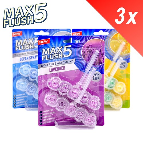 3x Max Flush 5 Toilet Rim Block Cleaner Twin Pack (3 x 2 = 6 x 45g Rim ...