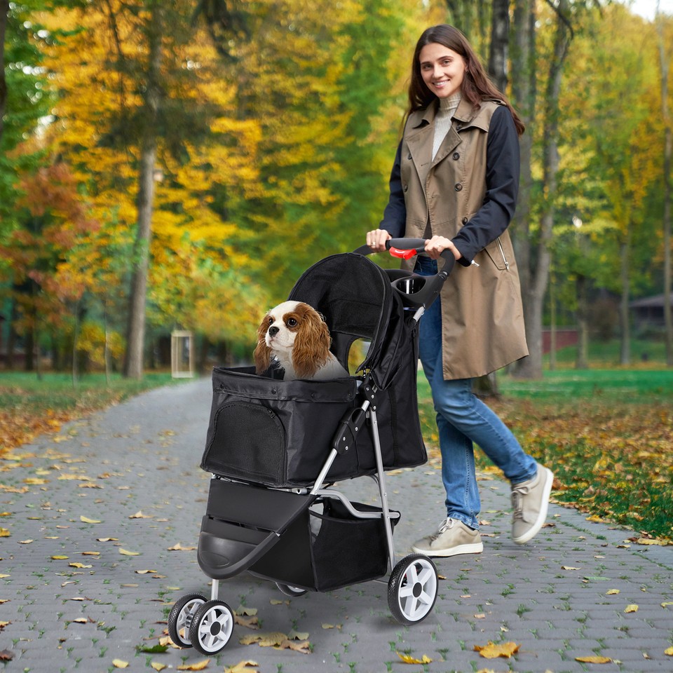 Dog Stroller 3 Wheels Foldable Cat Pet Stroller with Storage Basket ...