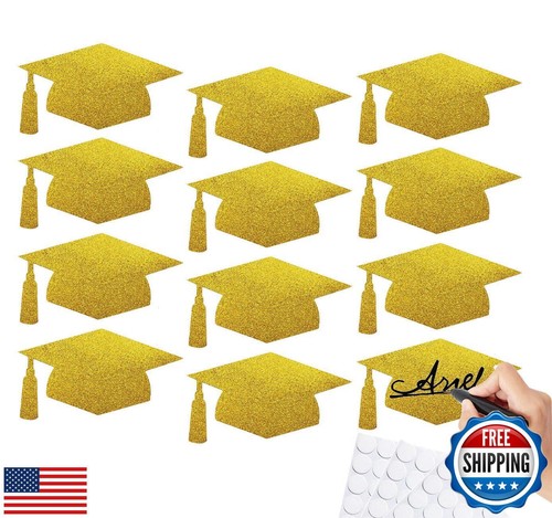 50Pcs Glitter Grad Caps Cutouts with 150Pcs Glue Points, Gold ...