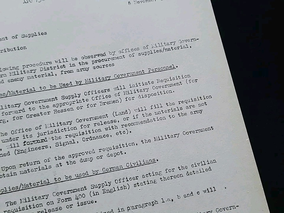 1945 German WWII US Army War Military Document Policy Enemy Supplies ...
