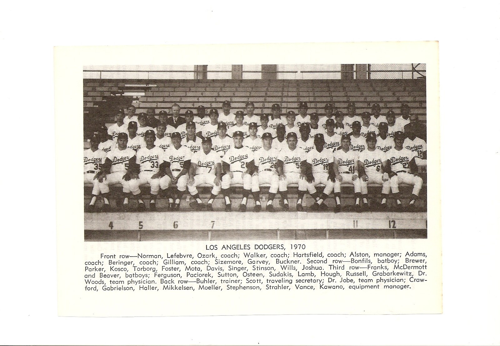Dodgers 1970 Team Picture Steve Garvey Rookie Maury Wills Don Sutton ...