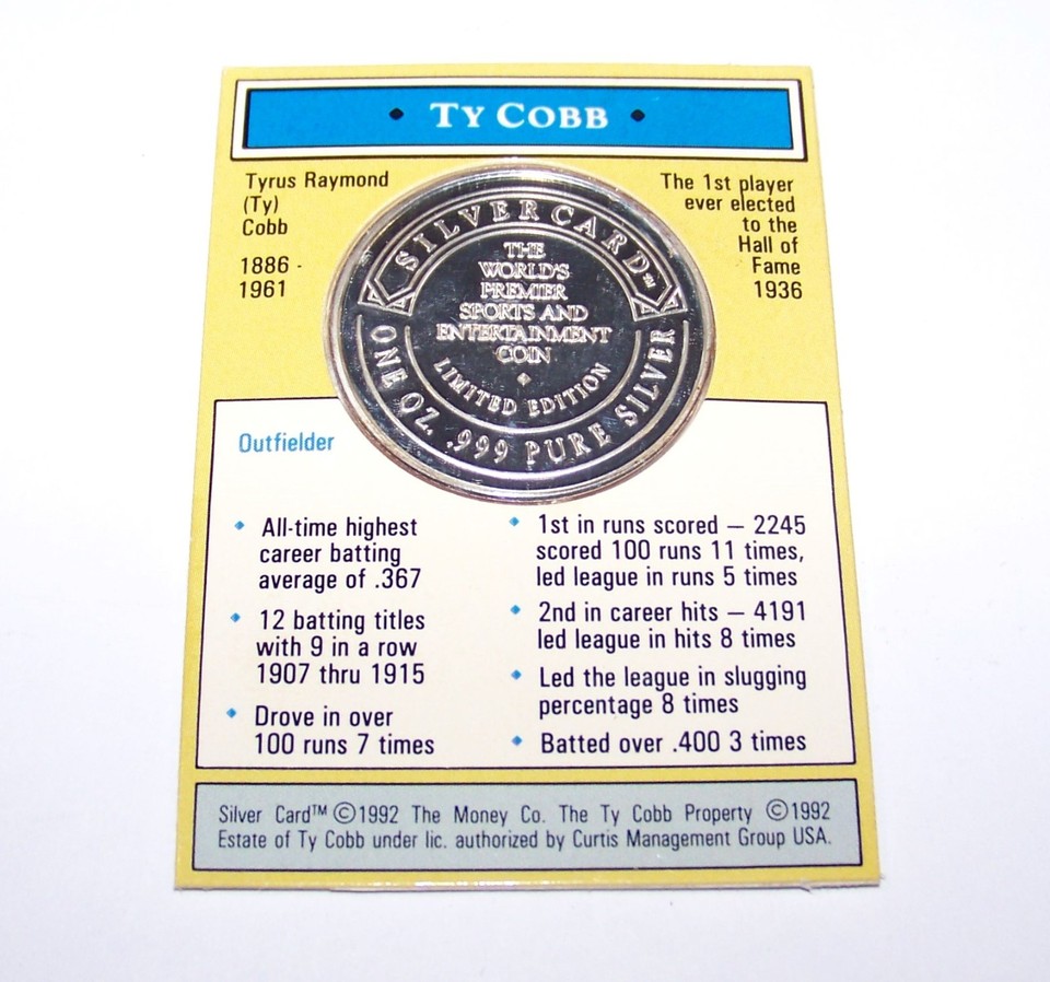 TY COBB HOF 1oz .999 Pure Silver Card Round Coin MLB Legends of ...