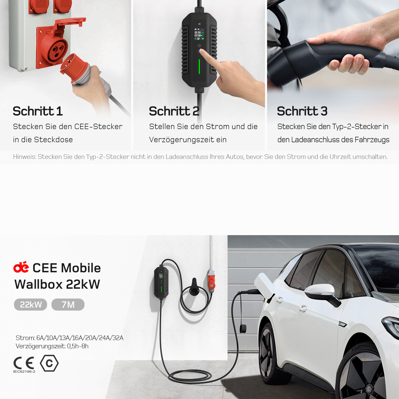 EV Wallbox 22kw 6-32A EV Ladkeabel Typ 2 5PIN CEE EV ladegerät für Kia ...