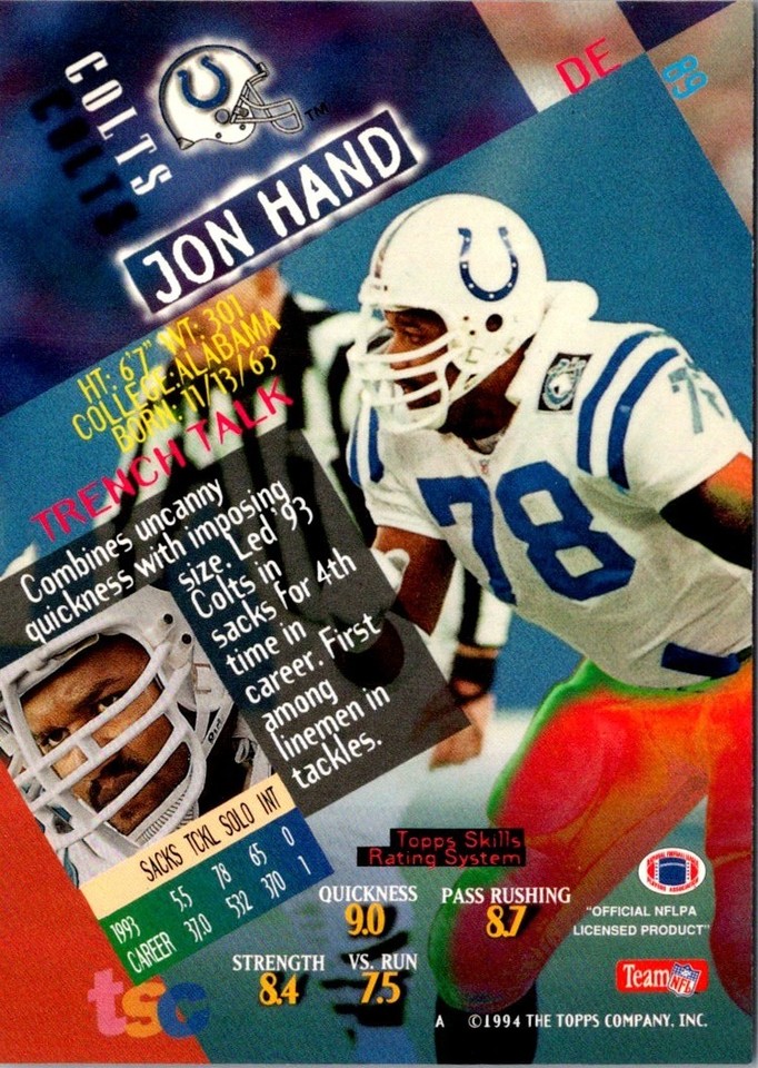 1994 Stadium Club Jon Hand #89 Indianapolis Colts Football Card | eBay