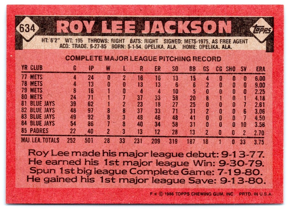 ROY LEE JACKSON 1986 TOPPS 86 NO 634 NRMINT+ 56602 | eBay